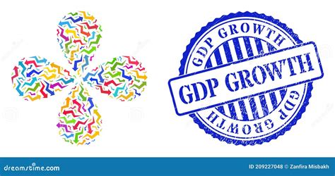 GDP Growth Grunge Stamp And Growing Arrow Chart Colorful Curl Stream