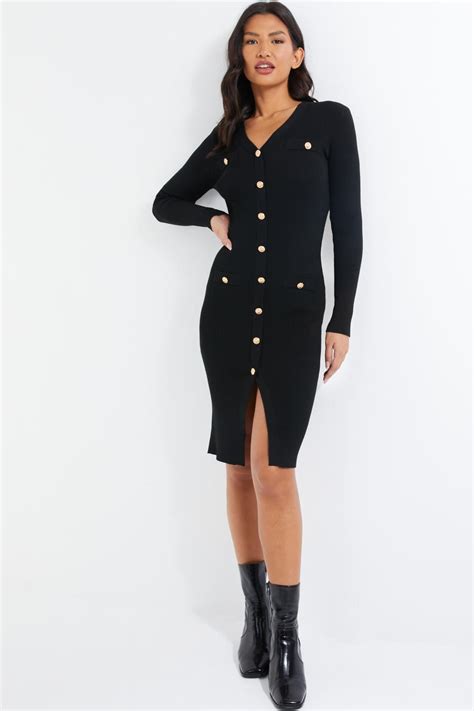 Quiz Black Knitted Button Midi Dress Matalan