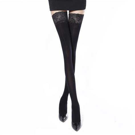 Black Lace Floral Top Stay Up Silicone Over Knee Thigh High Stockings