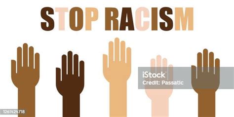 반인종주의 벡터 배너를 손에 들고 있습니다 인종 차별을 중지합니다 인종 다양성 인종 개념 인종 차별 불평등에 맞서 함께 사람 평등 흰색 배경 로고에 대한 스톡 벡터 아트 및