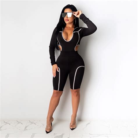 Long Sleeve Romper With U Neck And Bodycon Design