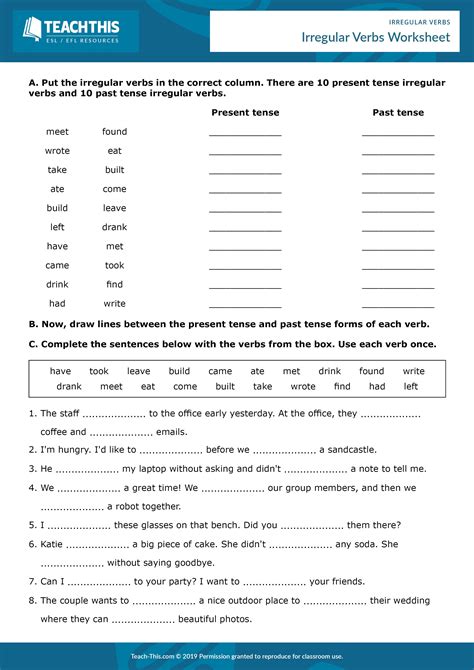 Regular And Irregular Verbs Worksheets