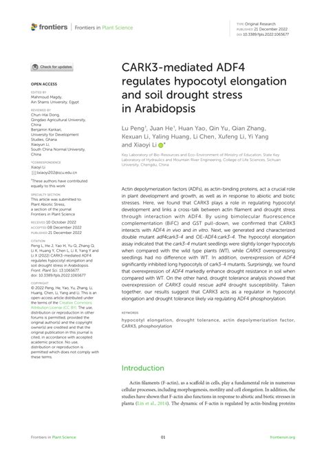 Pdf Cark3 Mediated Adf4 Regulates Hypocotyl Elongation And Soil