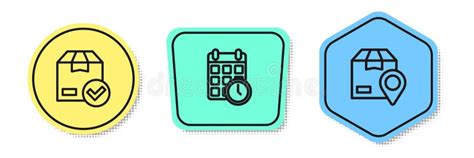 Set Line Ackage Box With Check Mark Cardboard Calendar And Location