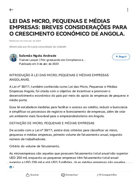 Lei Das Micro Pequenas E Médias Empresas Breves Considerações Para O