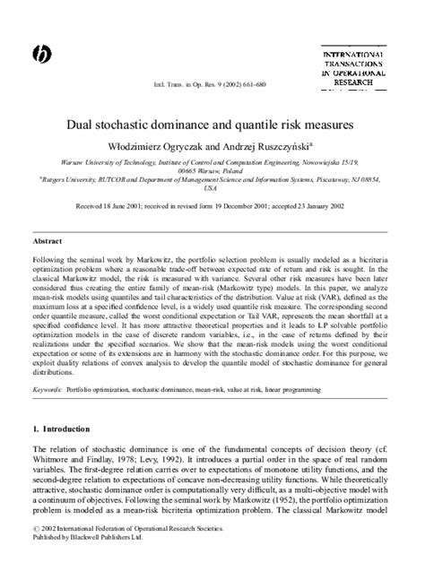 Pdf Dual Stochastic Dominance And Quantile Risk Measures