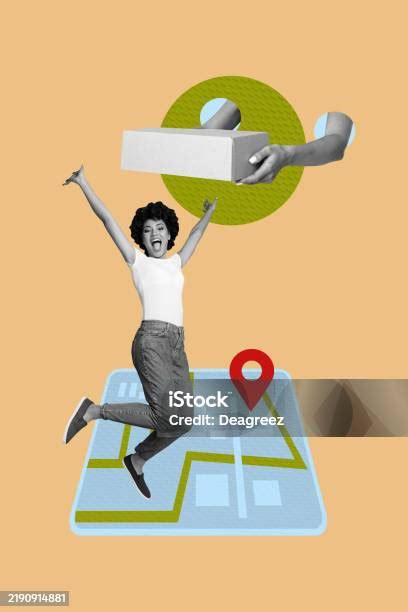복합 트렌드 아트 워크 3d 스케치 이미지 사진 콜라주 젊은 여자 주문 빠른 배송 서비스 거리 손 잡기 상자 고객지도 경로 20 24세에 대한 스톡 사진 및 기타 이미지