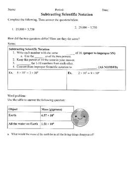 Subtracting Scientific Notation Guided Notes By Seth Randall Tpt