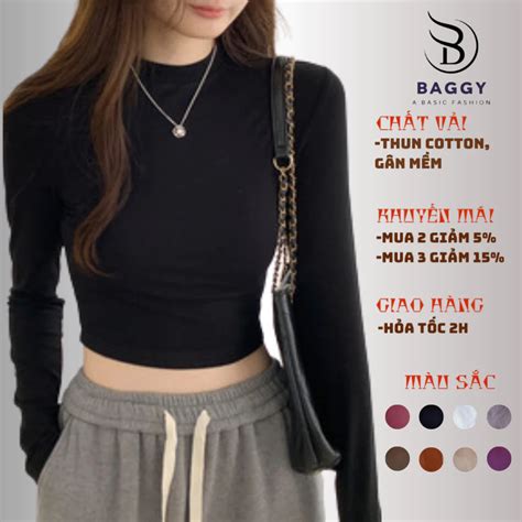 Áo croptop nữ tay dài cổ tròn dáng form ôm body vải cotton màu trắng đen be tím nâu hồng đỏ