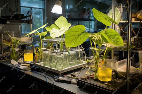 Premium Photo Lab Equipment With Leaf Samples Studying Artificial