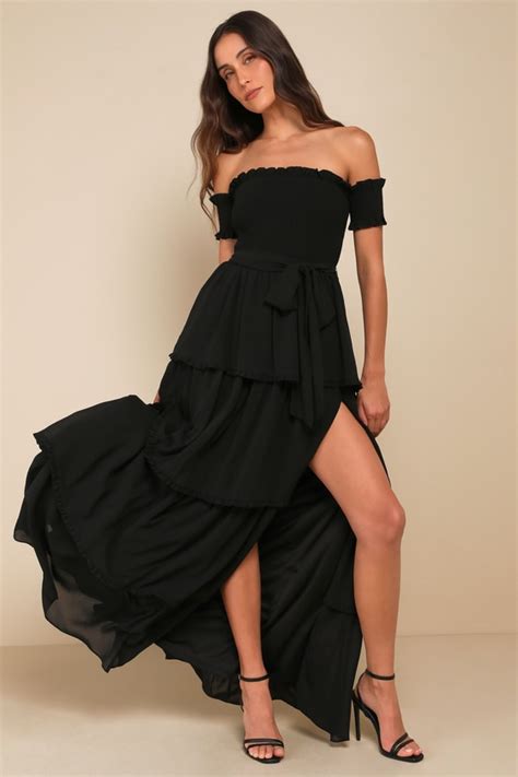 Black Ots Dress Smocked Tiered Dress Ruffled Maxi Dress Lulus