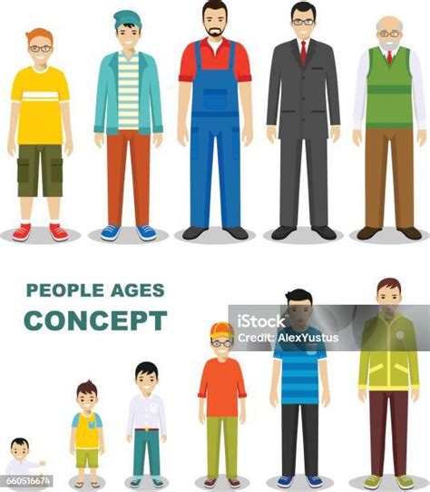 평면 스타일에서 흰색 배경에 고립 된 다른 나가에 사람들의 세대 노후화 남자 아기 어린이 십 대 젊은 성인 오래 된 사람 벡터 일러스트입니다 컷아웃에 대한 스톡 벡터 아트