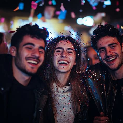 Happy People Celebrating With Confetti In The Evening Premium Ai