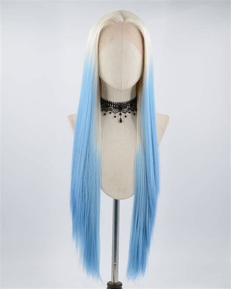 White Blonde Ombre Blue Long Straight Synthetic Lace Front Wig Ww506