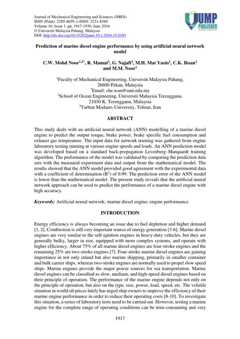 Pdf Prediction Of Marine Diesel Engine Performance By Using Artificial Neural Network Model