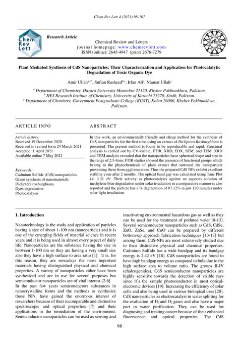 Pdf Plant Mediated Synthesis Of Cds Nanoparticles Their