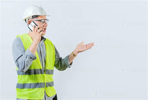 Young Engineer Calling On Cell Phone Isolated Civil Engineer Talking