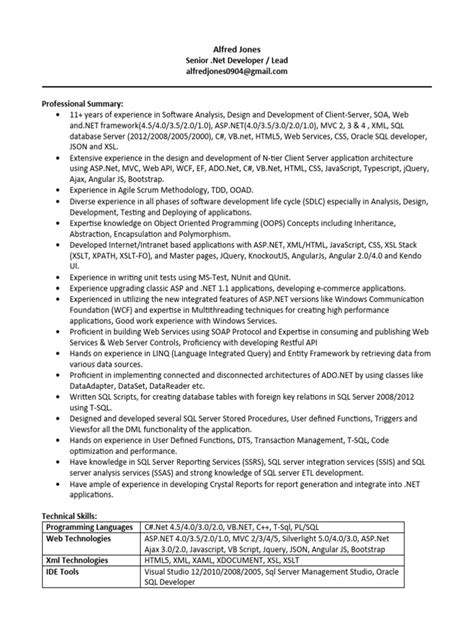 Dice Resume Cv Alfred Jones Pdf Microsoft Sql Server Entity Framework