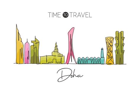 One Single Line Drawing Of Doha City Skyline Qatar Historical Town