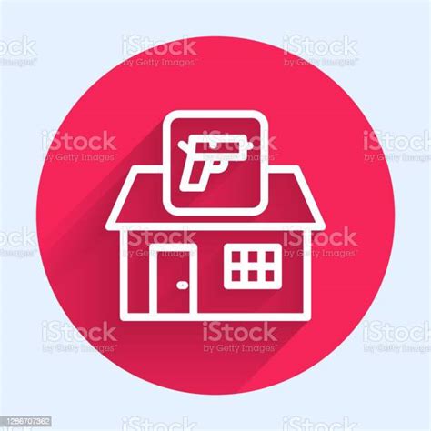 긴 그림자로 고립 된 소총과 총 무기 아이콘흰색 라인 사냥 가게 슈퍼마켓 이나 무기 장비와 저장 빨간색 원 버튼입니다 벡터 0명에 대한 스톡 벡터 아트 및 기타 이미지