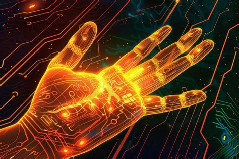Glowing Orange Circuit Board Is Forming A Human Hand Reaching Out