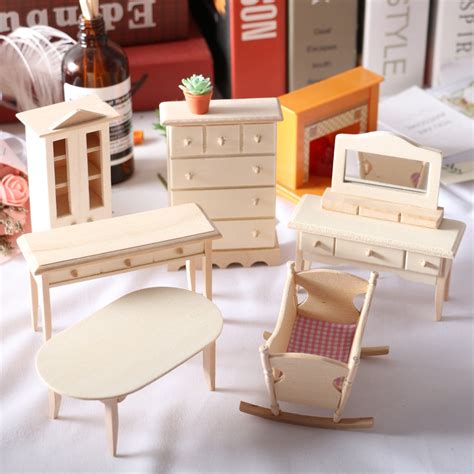 Doll House Mini Solid Wood Furniture Cradle Crib Dressing Table Cabinet