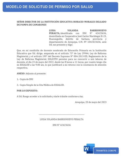Modelo De Solicitud De Permiso Por Salud Pdf