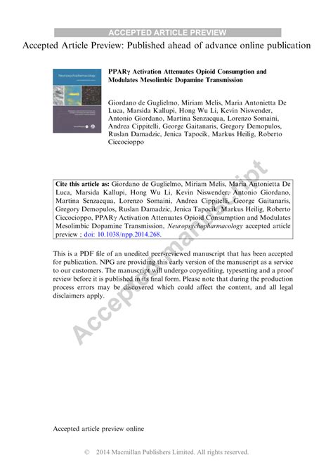 Pdf Pparγ Activation Attenuates Opioid Consumption And Modulates Mesolimbic Dopamine Transmission