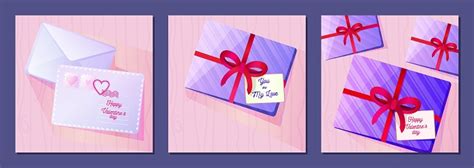발렌타인 데이 인사말 카드입니다 귀여운 추상 밝은 선물 상자 쓰기와 축제 벡터 템플릿의 집합입니다 포스트 배너 인쇄 Flayer 판매 장식 인사말 카드 인터넷 광고에