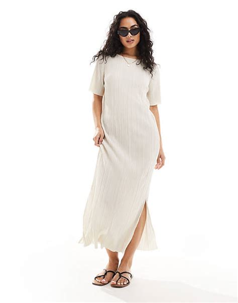 Yas Plisse T Shirt Maxi Dress In Cream Asos