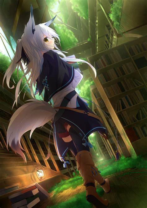 Safebooru 1girl Animal Ears Blush Book Bookshelf Boots Capelet