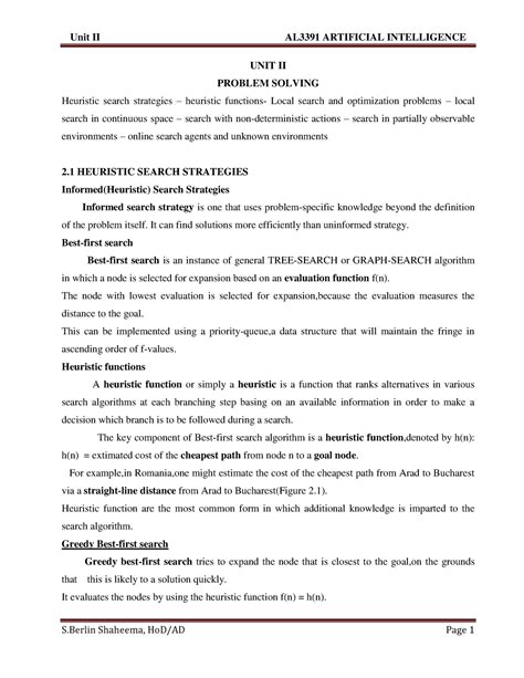 Unit Ii Ad Its A Lecture Notes Unit Ii Problem Solving Heuristic