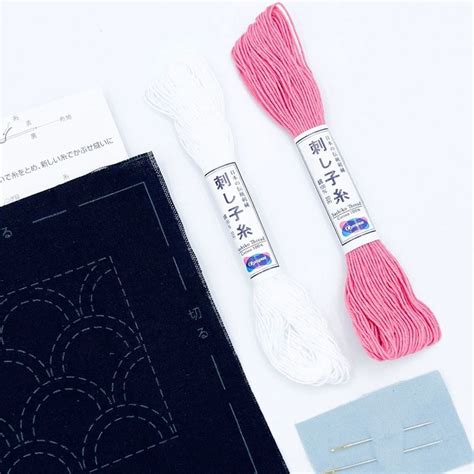 Beginner Sashiko Kit Sashiko Patterns Preprinted On Cotton Fabric Includes Pink And White