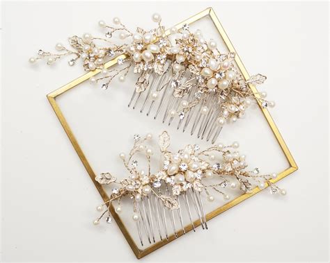 Set Of 2 Gold Freshwater Pearl Bridal Hair Combs Floral Etsy