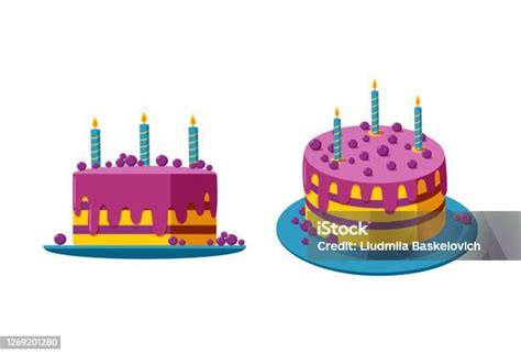두 개의 전망생일 케이크 파티 Ot 축하 촛불과 열매와 크림 케이크 벡터 일러스트레이션 케이크에 대한 스톡 벡터 아트 및 기타