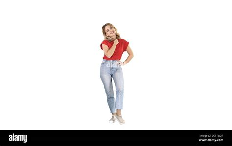 Beautiful Young Woman Looking Herself Reflection In Mirror Check Stock