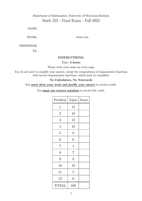 222 Final Exam Final Version Department Of Mathematics University Of Wisconsin Madison Math