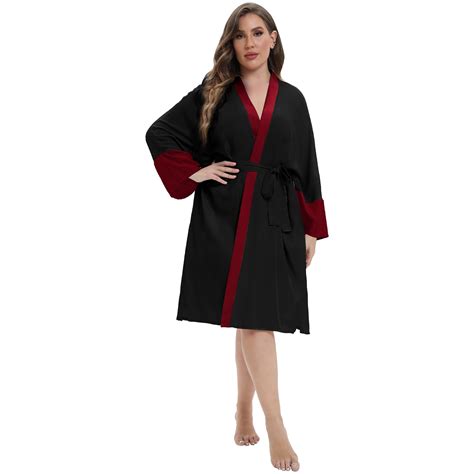 Womens Plus Size Robe With Pockets Kimonos Short Robe Long Sleeve Belt