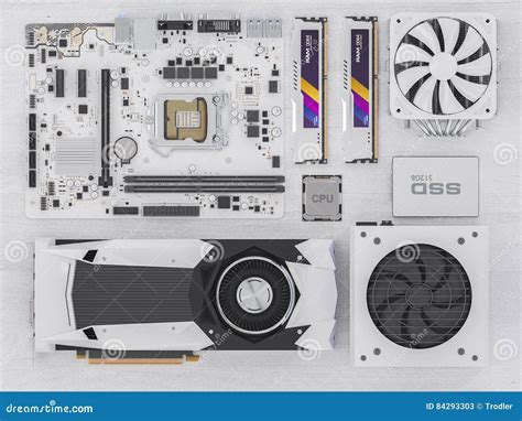 Pc Hardware Components On White Wood 3d Rendering Stock Illustration