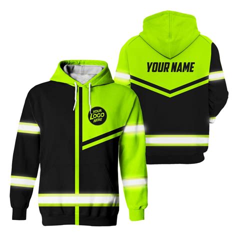Hi Vis Hoodie Uniform Reflective Black Green Neon Custom Name And Logo Safety Workwear