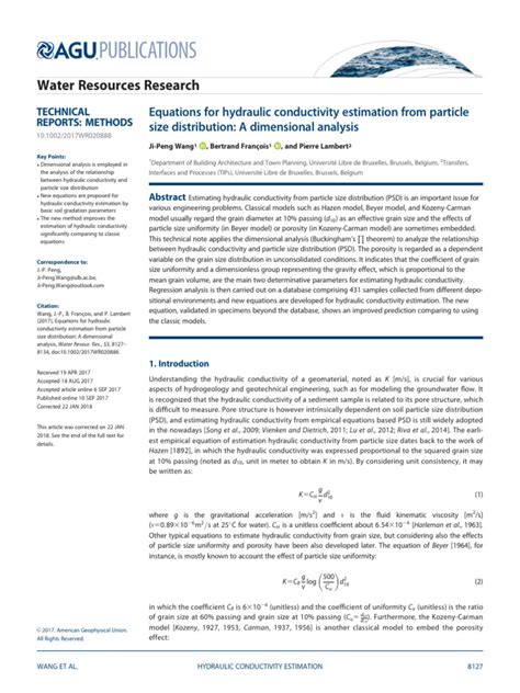 Water Resources Research 2017 Wang Equations For Hydraulic Conductivity Estimation From