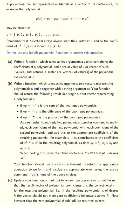 Solved A Polynomial Can Be Represented In Matlab As A Chegg