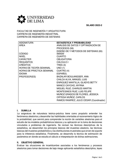 2022 2 Sil Estadística Y Probabilidad Silabo 2022 Facultad De