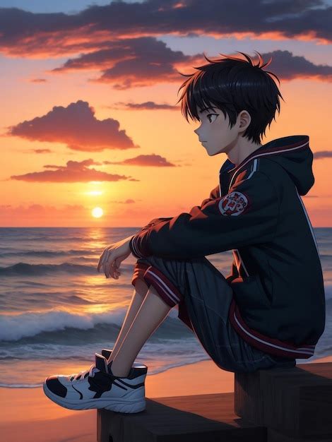 Imagem artística do anime boy na praia assistindo o pôr do sol Foto