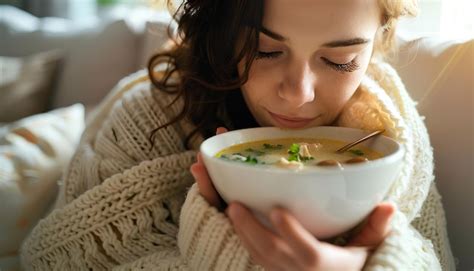 Ill Young Woman Eating Chicken Soup At Home Premium Ai Generated Image