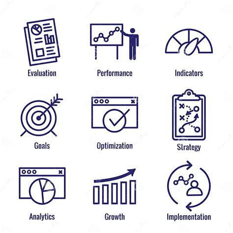 Kpi Key Performance Indicators Icon Set With Evaluation Growth Strategy Etc Stock Vector