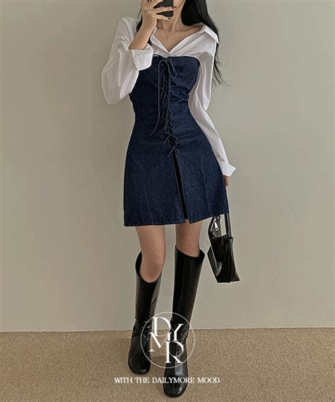 💖퀄리티보장2color 코르셋 아일렛 리본 끈 청 탑 튜브탑 데님 미니 원피스 청원피스 에이블리