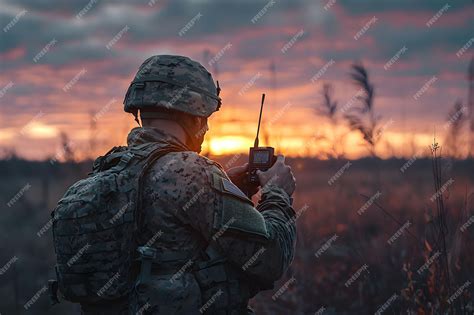 Soldier Using Radio Communication During Sunset In A Field Premium Ai