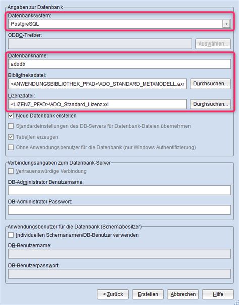 erstellen einer postgresql datenbank adoit