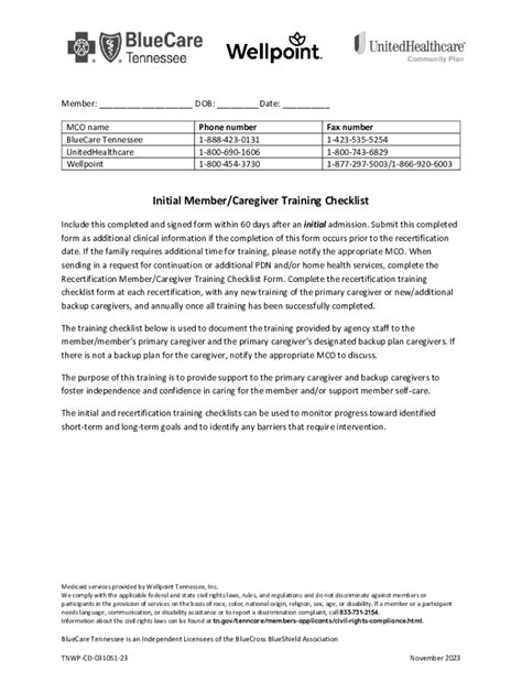 Fillable Online Recertification Membercaregiver Training Checklist Fax